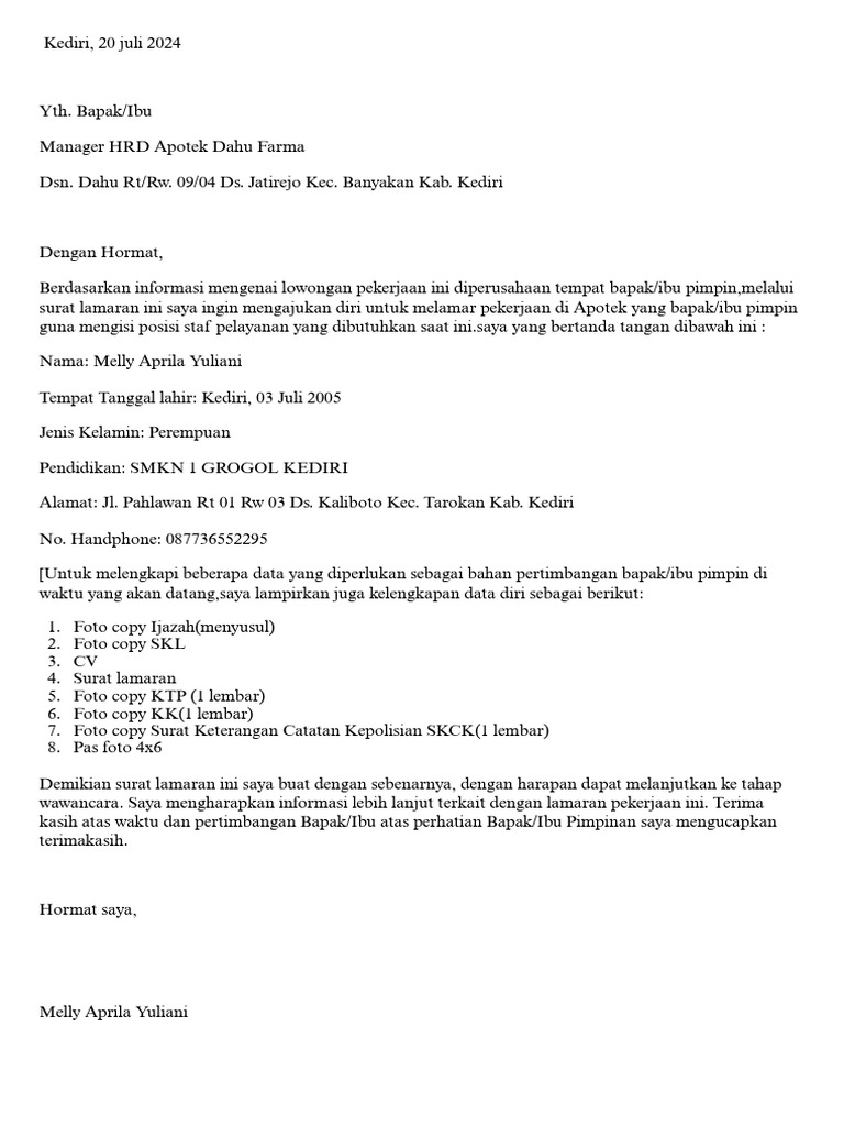 Surat Lamaran Ila Apotek - Docx 20240719 192105 0000 | PDF