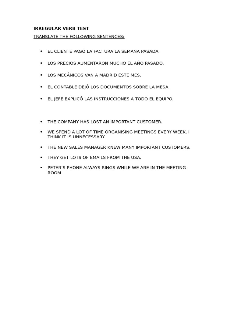 Prueba de Verbos Irregulares en Inglés | PDF