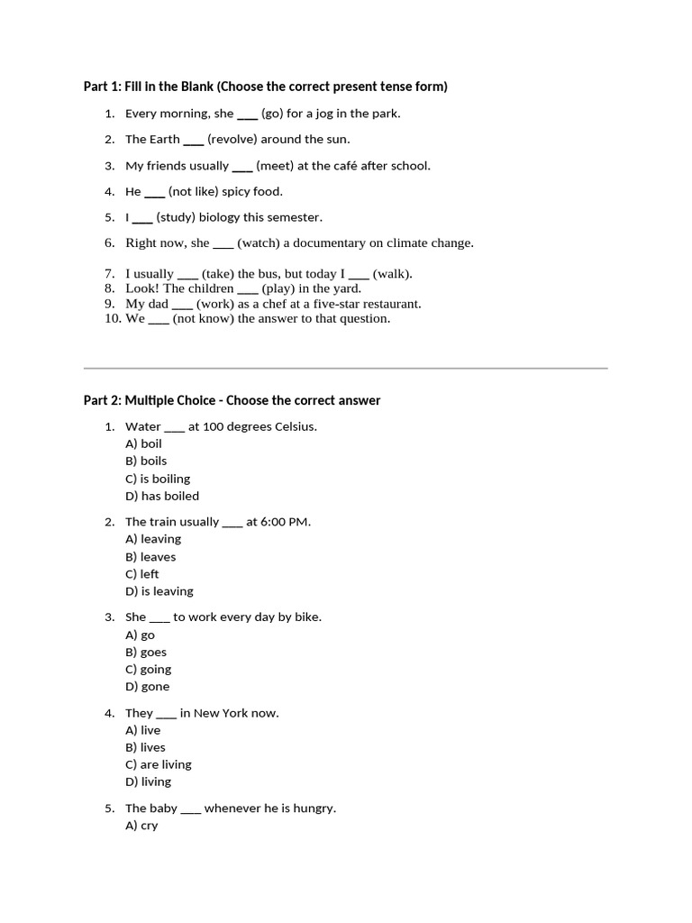 Present Tense Practice Worksheet | PDF