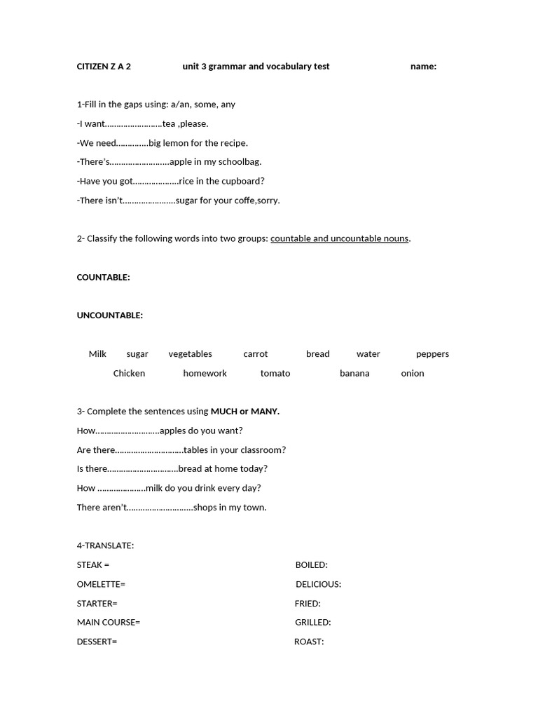Grammar and Vocabulary Test Unit 3 | PDF
