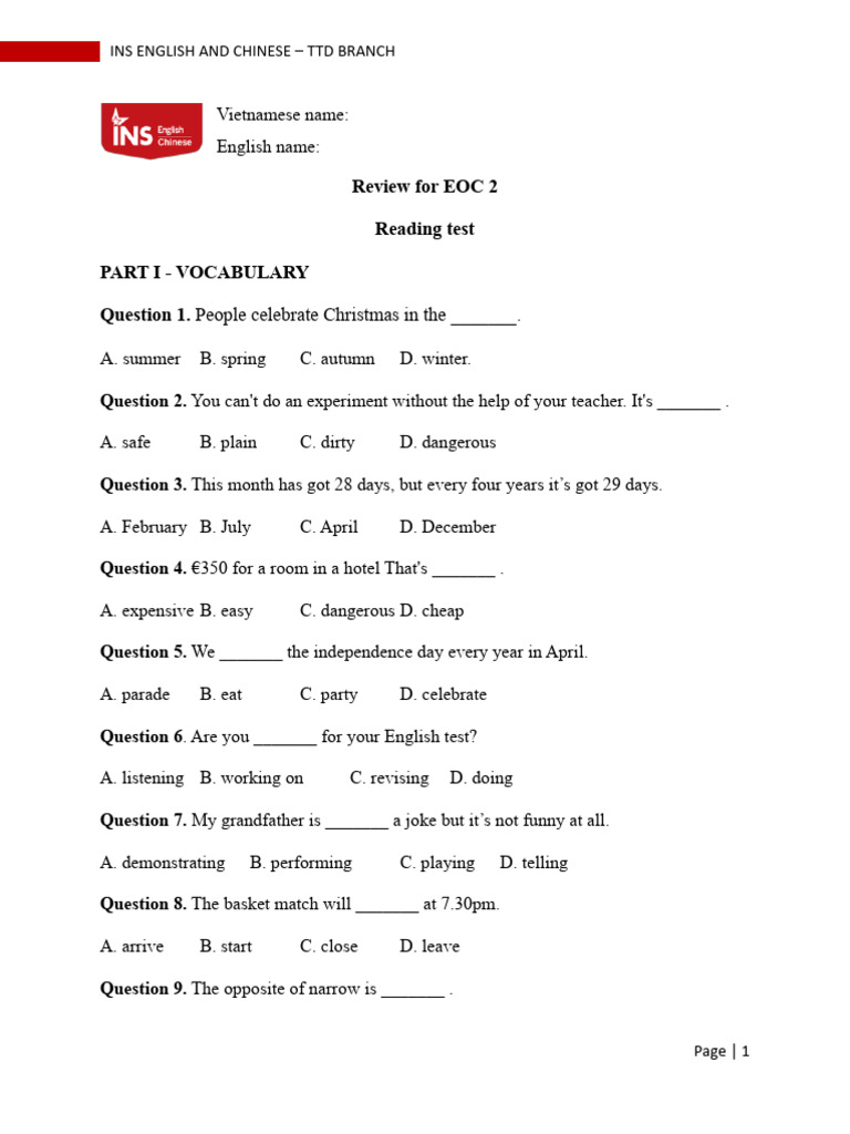 ST1 - Review For EOC 2 - Reading | PDF