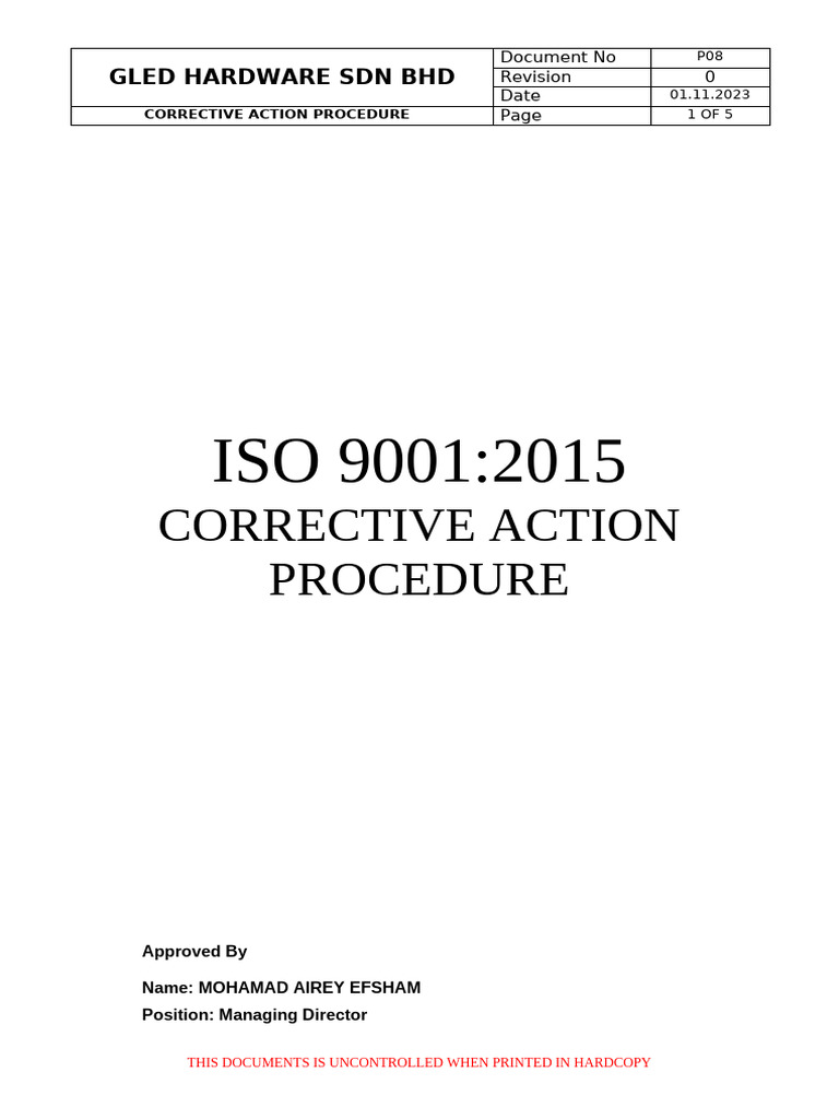 P08 Corrective Action V0 | PDF | Evaluation | Production And Manufacturing