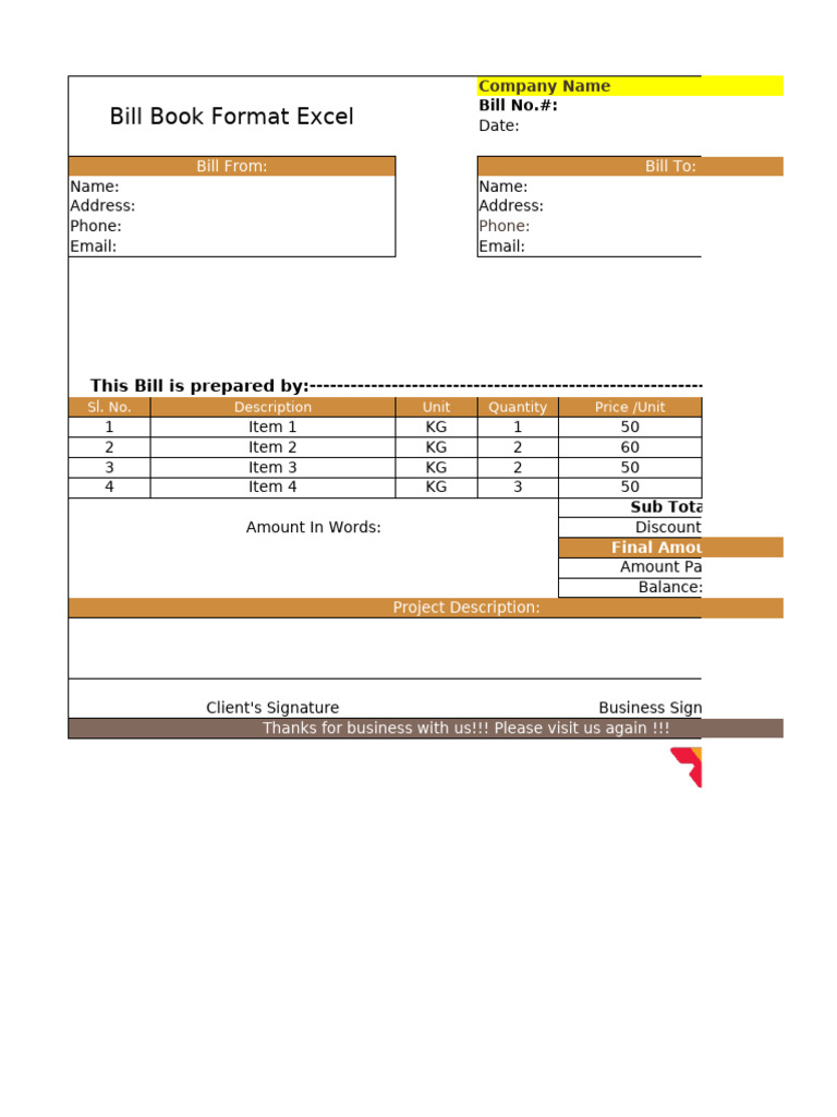 Bill Book Format Excel 02 | PDF