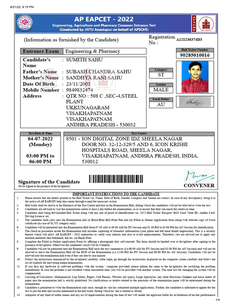 AP EAPCET 2022 Hall Ticket Details | PDF | Identity Document