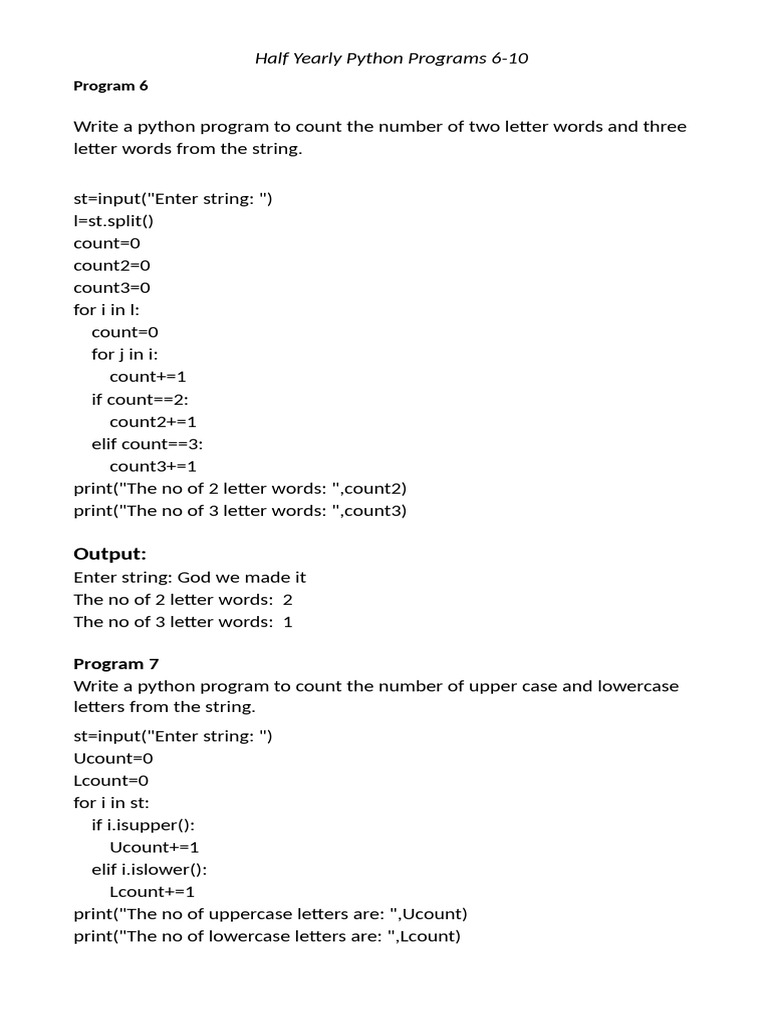 Half Yearly Python Programs 6-10: Output | PDF