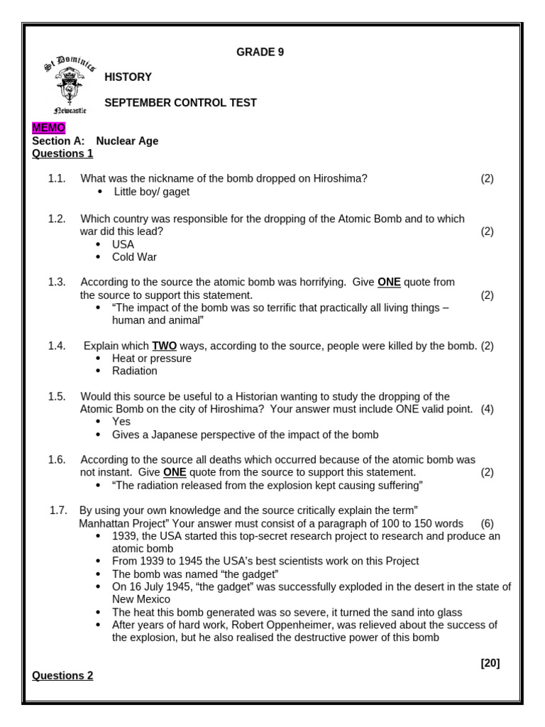 Grade 9 History Control Test Term 3 2020 - Memo | PDF | John F. Kennedy ...