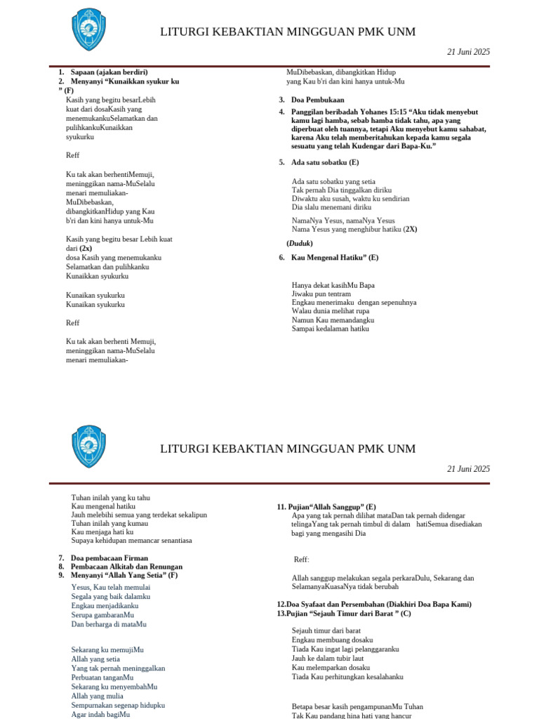 Liturgi Kebaktian Mingguan PMK UNM | PDF