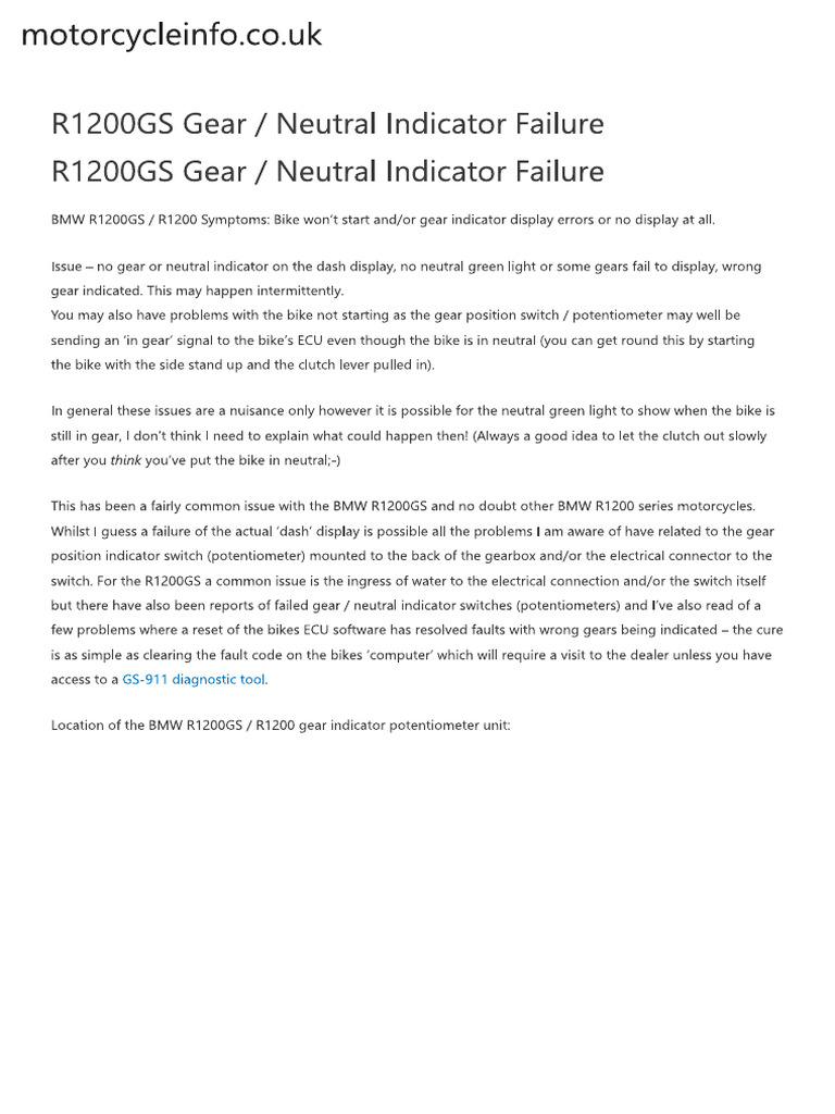 R1200GS Gear - Neutral Indicator Failure | PDF