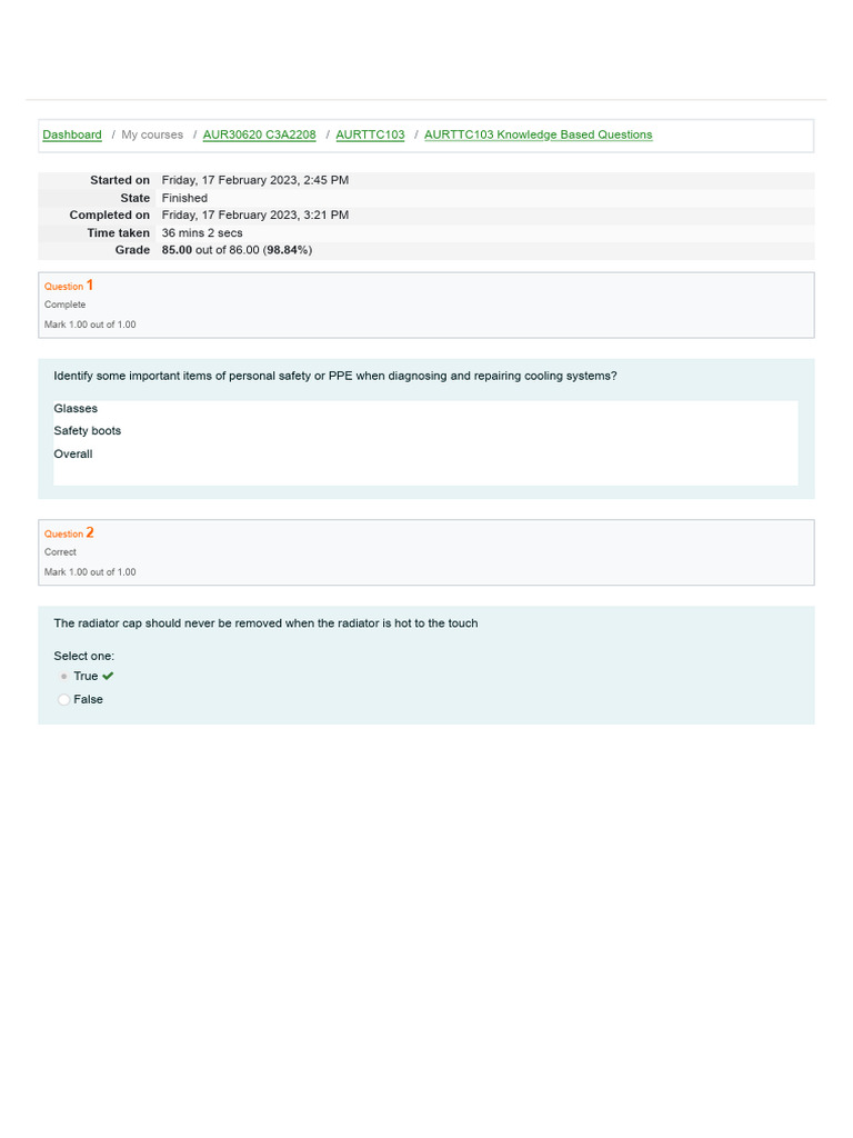 AURTTC103 Knowledge Based Questions Attempt Revi | PDF | Radiator | Heat Transfer