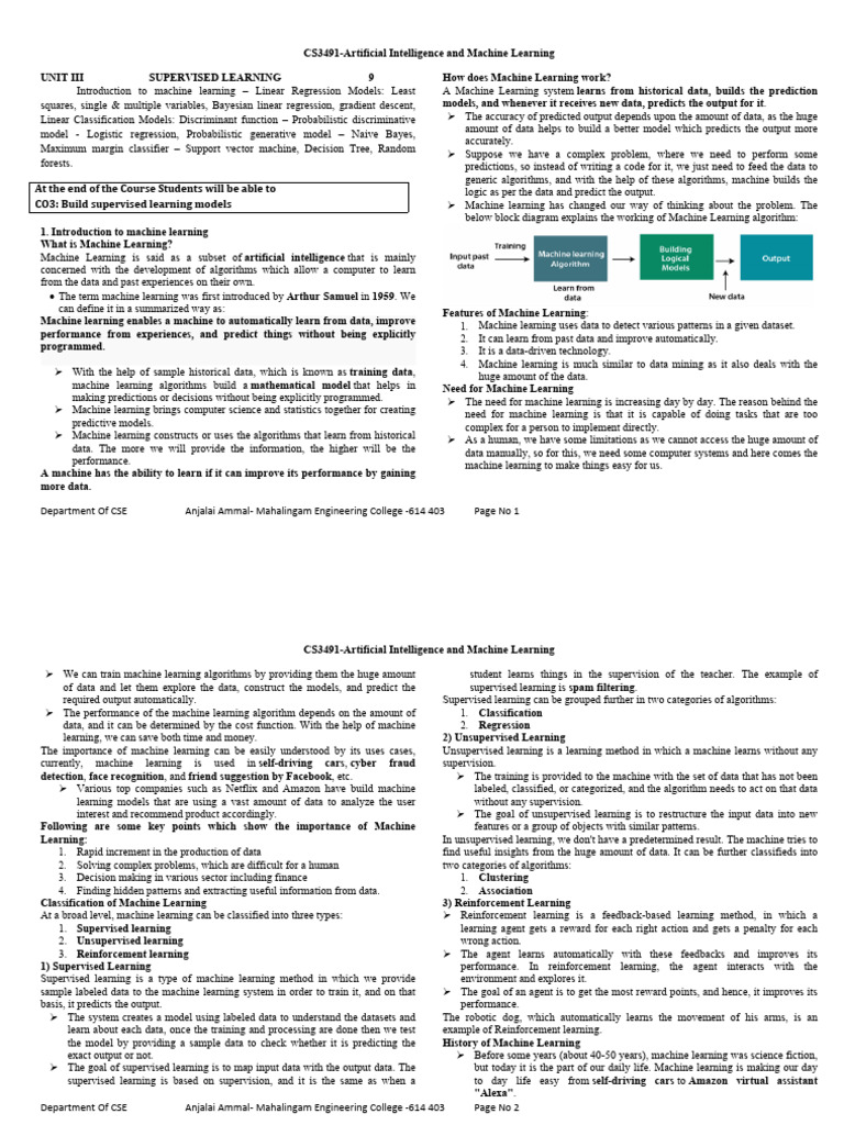 Unit 3 Study Material | PDF | Linear Regression | Machine Learning