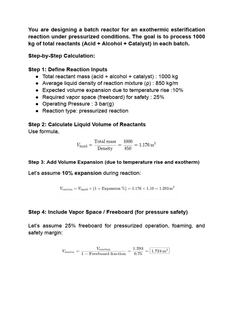 Calculation - Pressurized Reaction Volume For Batch Reactor | PDF