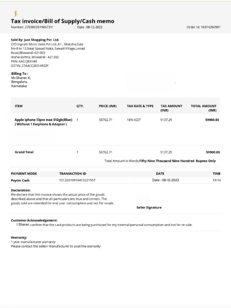 Apple Iphone 13promax Bill | PDF