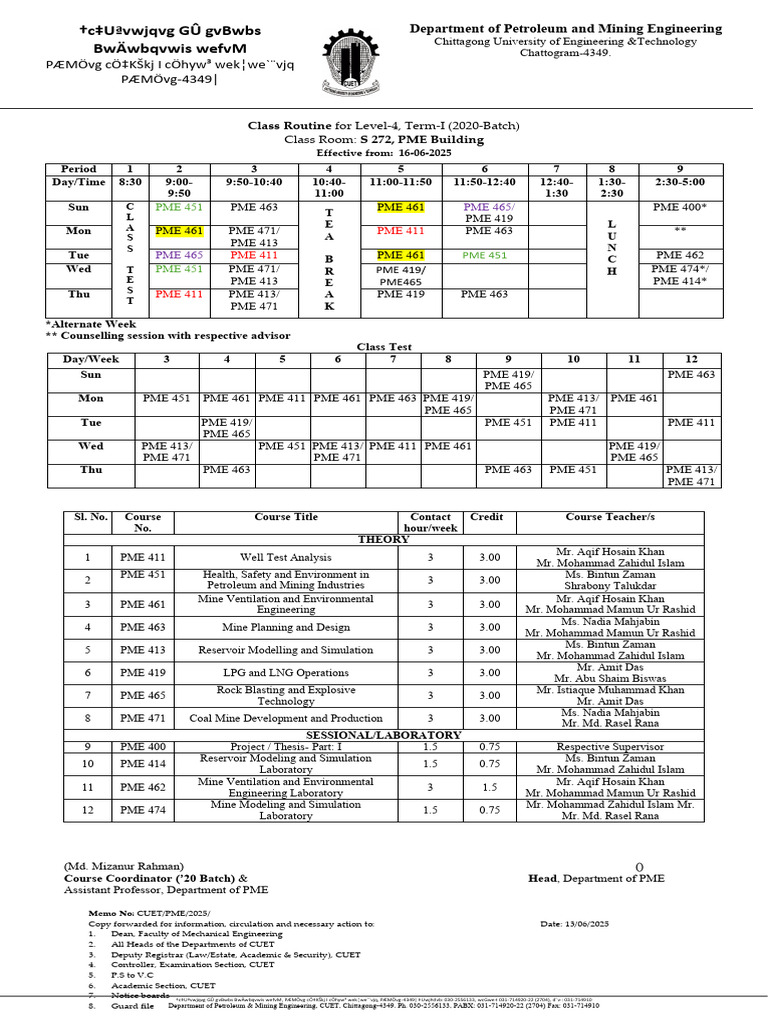 Class Routine L-4, Term-I - 20 Batch | PDF
