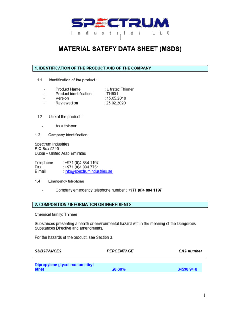 MSDS - Ultratec Thinner - TH-801 | PDF | Dangerous Goods | Personal ...