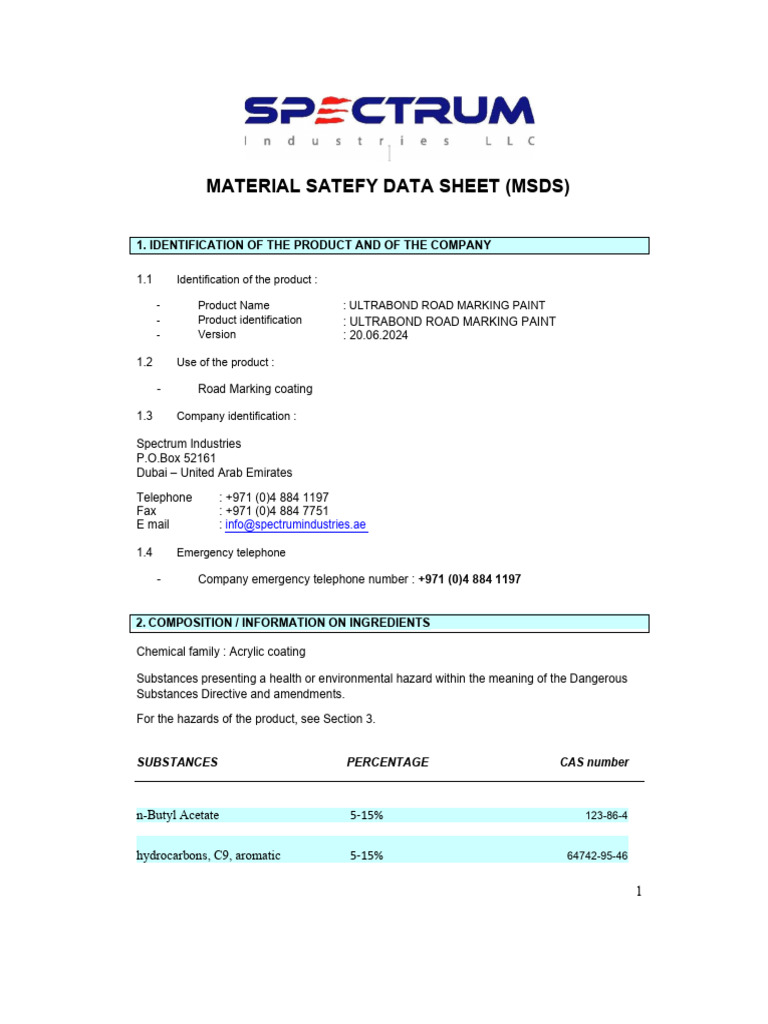 MSDS - Ultrabond Road Marking Paint | PDF | Dangerous Goods | Water