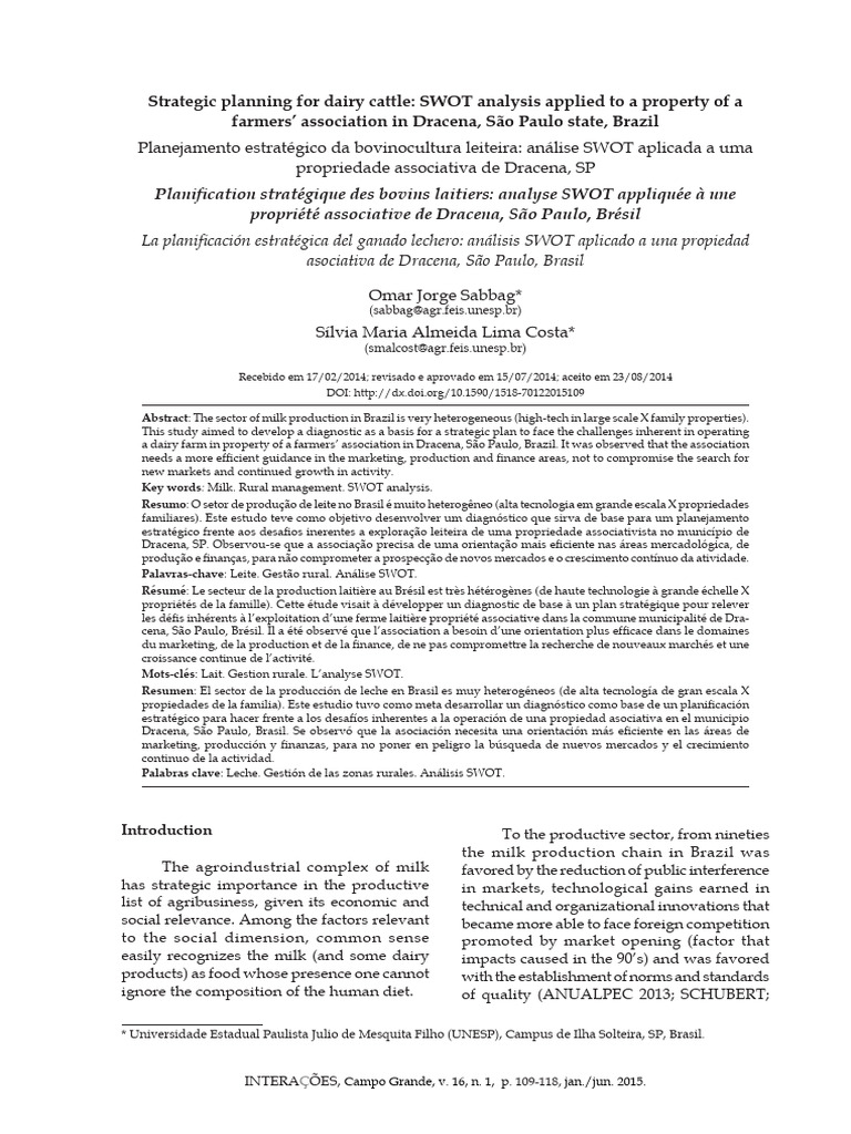 2014 Strategic Planning For Dairy Cattle SWOT Analysis Applied To A ...