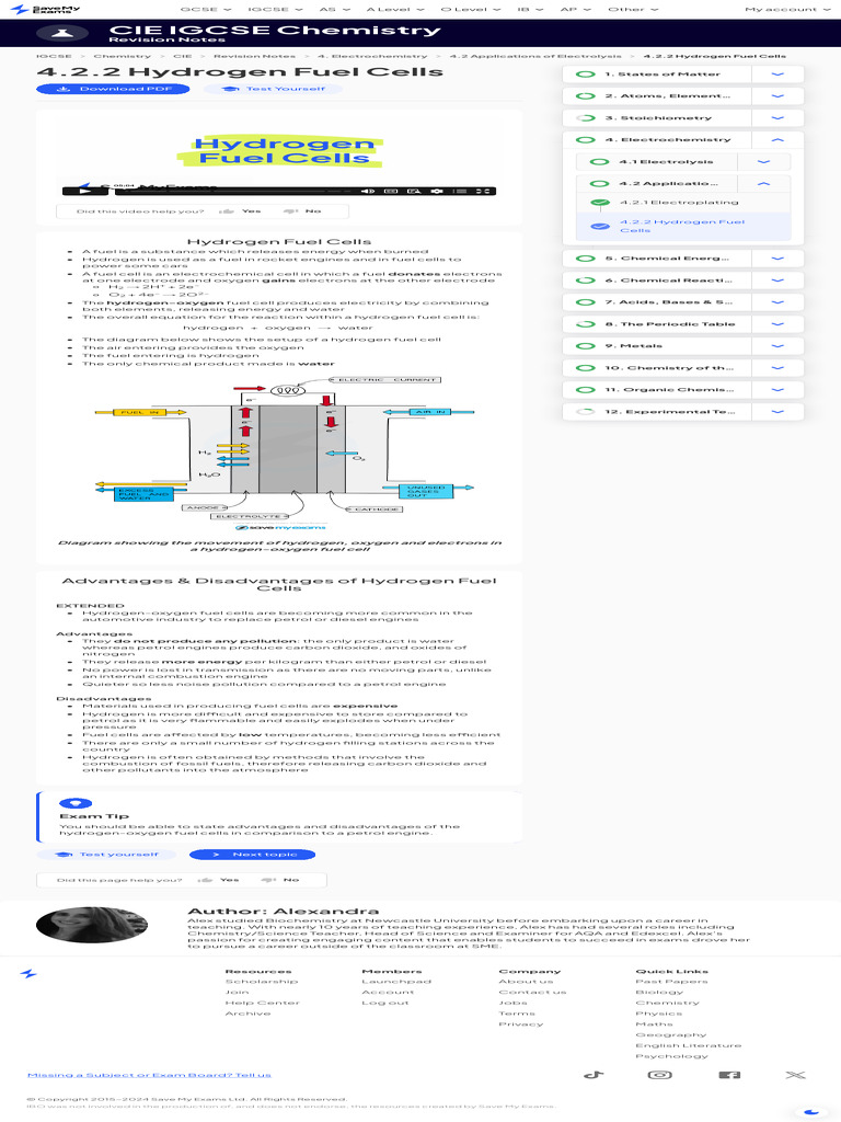 4.2.2 Hydrogen Fuel Cells CIE IGCSE Chemistry Revision Notes 2023 Save ...