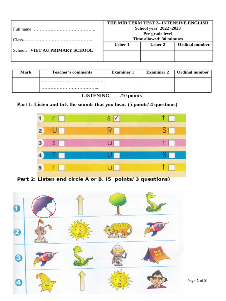 Mid-Term English Test for Pre-Grade Level | PDF