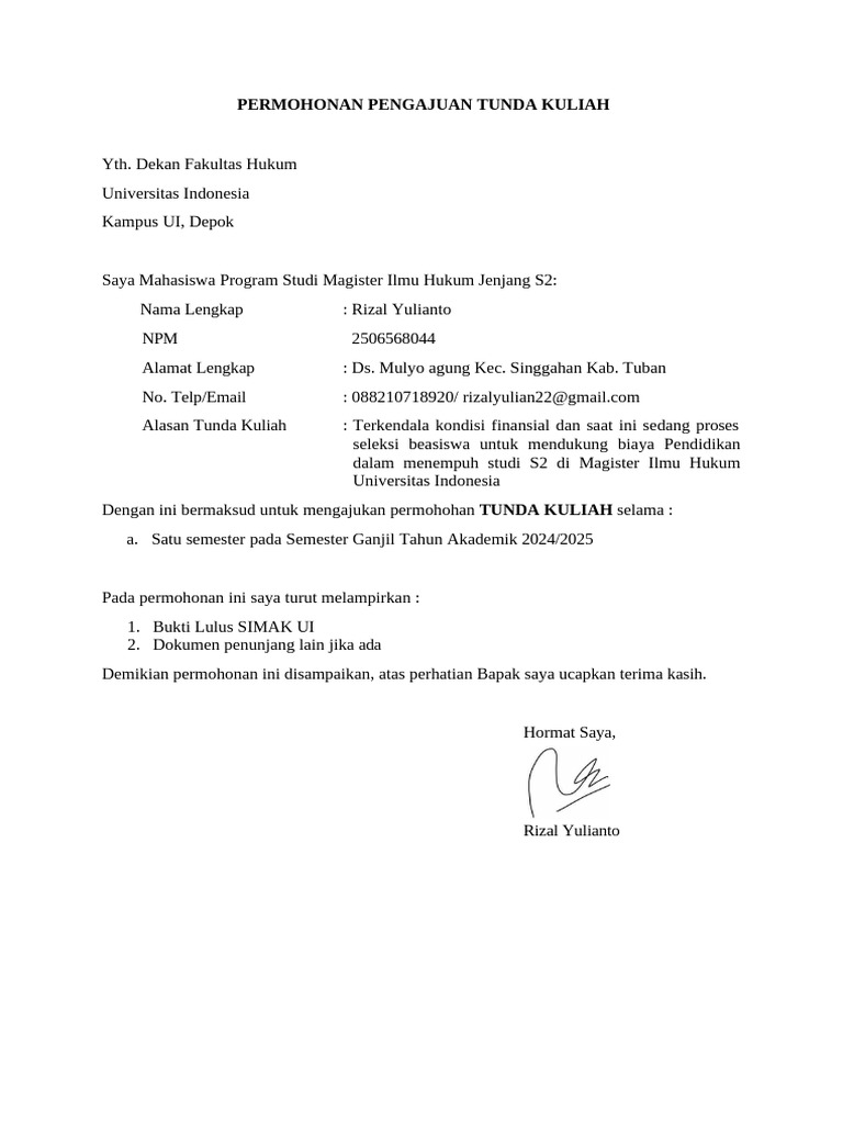 Surat Permohonan Pengajuan Tunda Kuliah | PDF