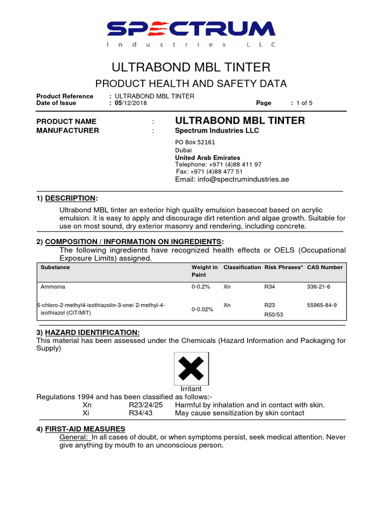 MSDS Ultrabond MBL Tinter | PDF | Personal Protective Equipment | Hazards