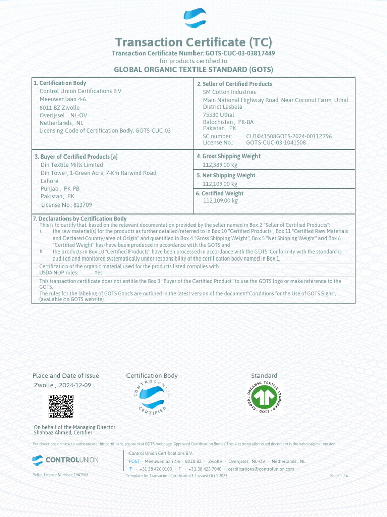GOTS Transaction Certificate Overview | PDF | Textiles