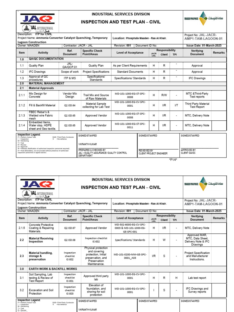 ITP Temporary Lagoon Construction JACR-01 | PDF | Quality Assurance ...