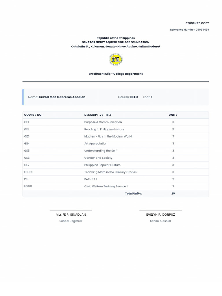 Enrollment Slip 25054439 | PDF