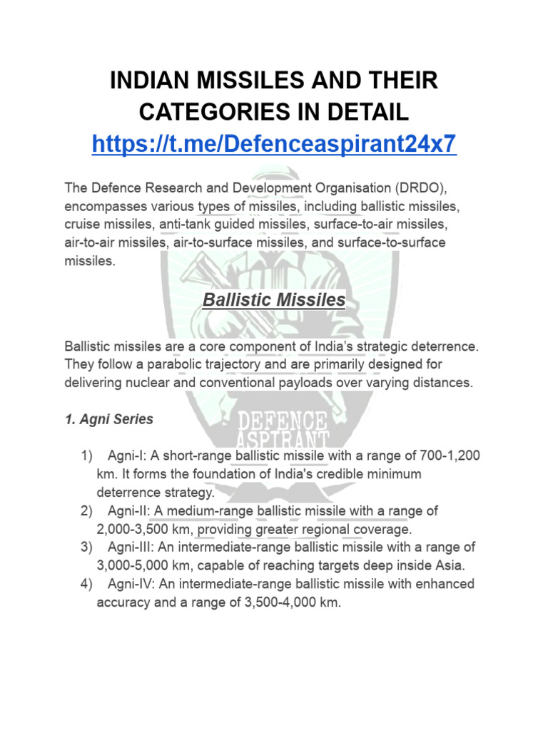 Overview of Indian Missile Types | PDF | Missile | Ballistic Missile