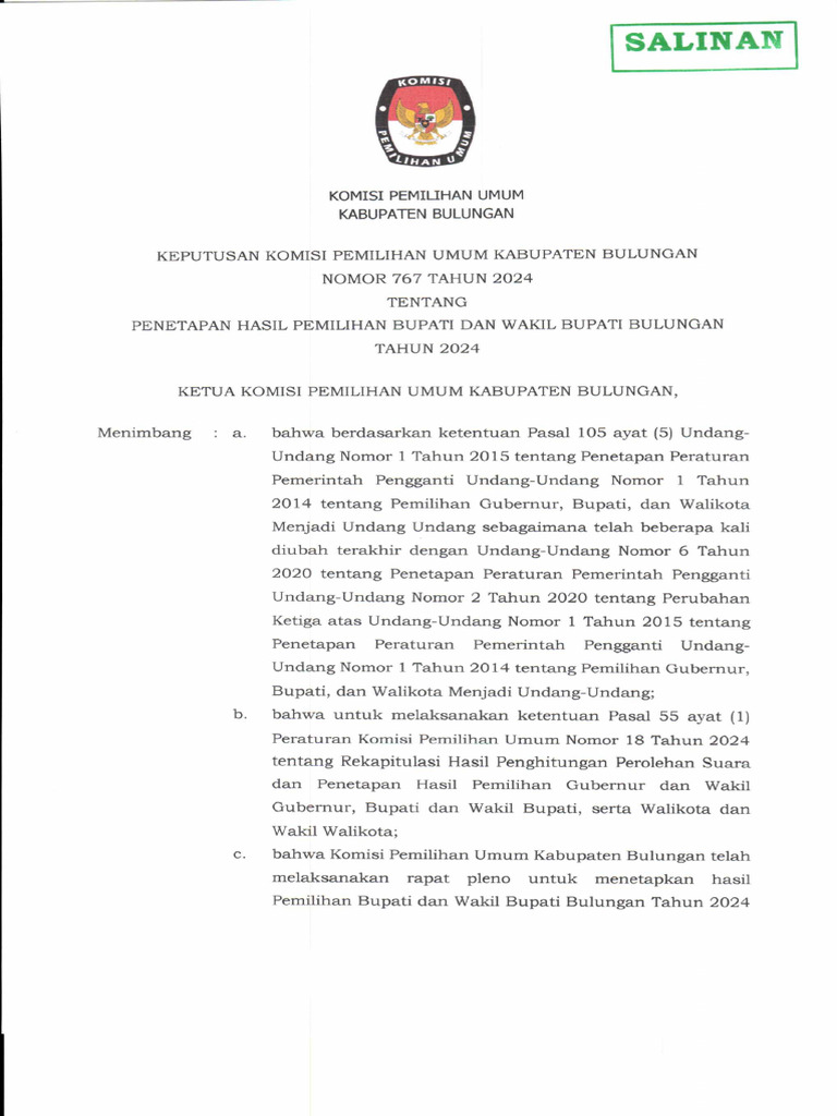 SK Rekapitulasi PKWKK Bulungan | PDF