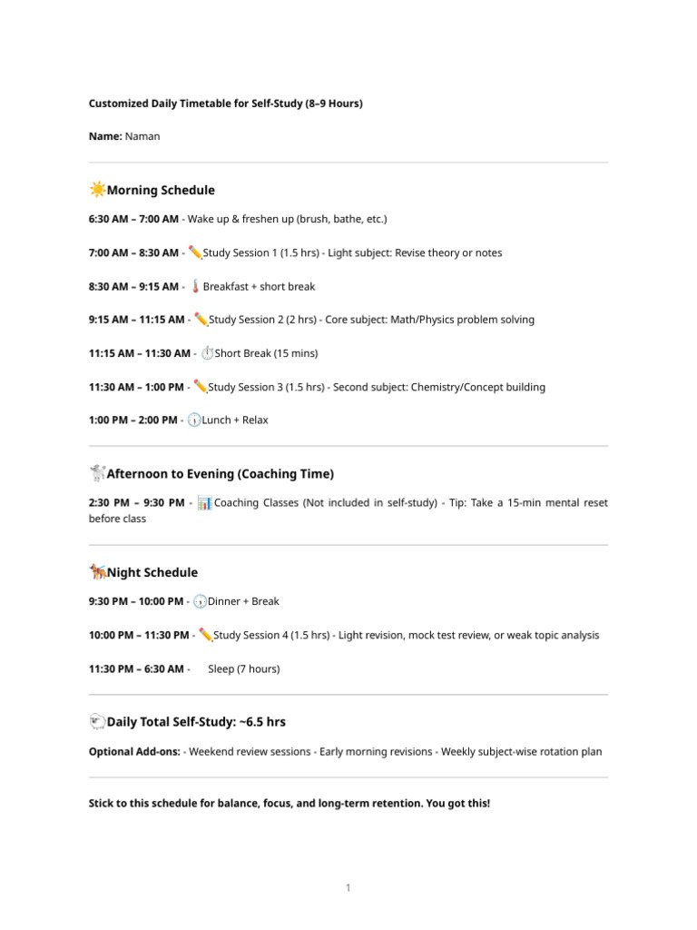 Self Study Timetable | PDF