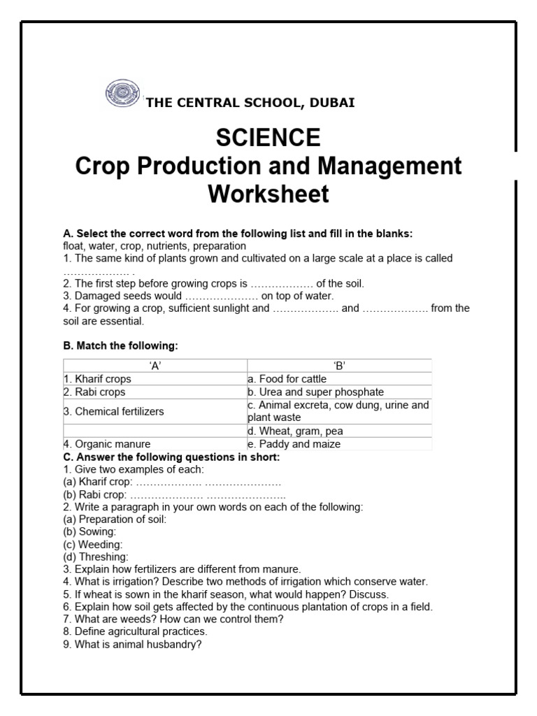 Crop Production and Management Worksheet | PDF | Agriculture | Manure