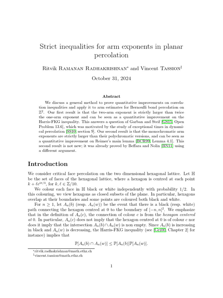Strict Inequalities for Arm Exponents in Percolation | PDF | Theorem ...