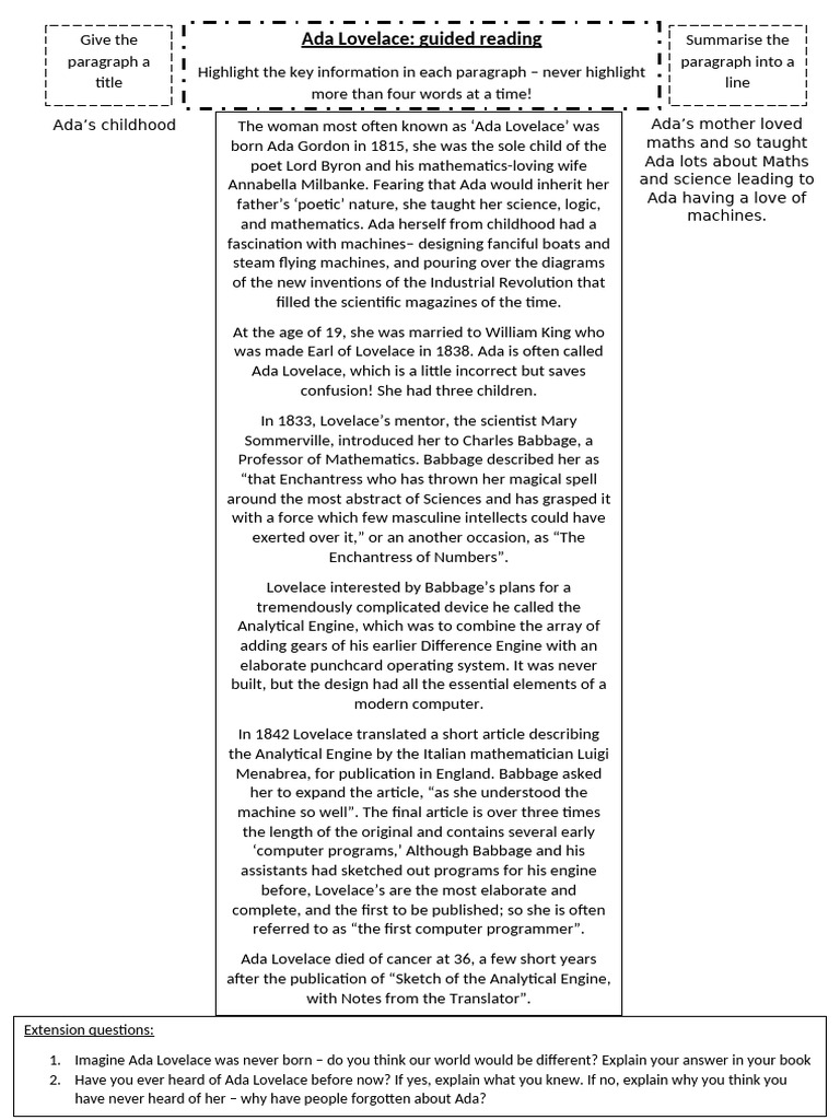 Ada Lovelace Guided Reading | PDF | Computing