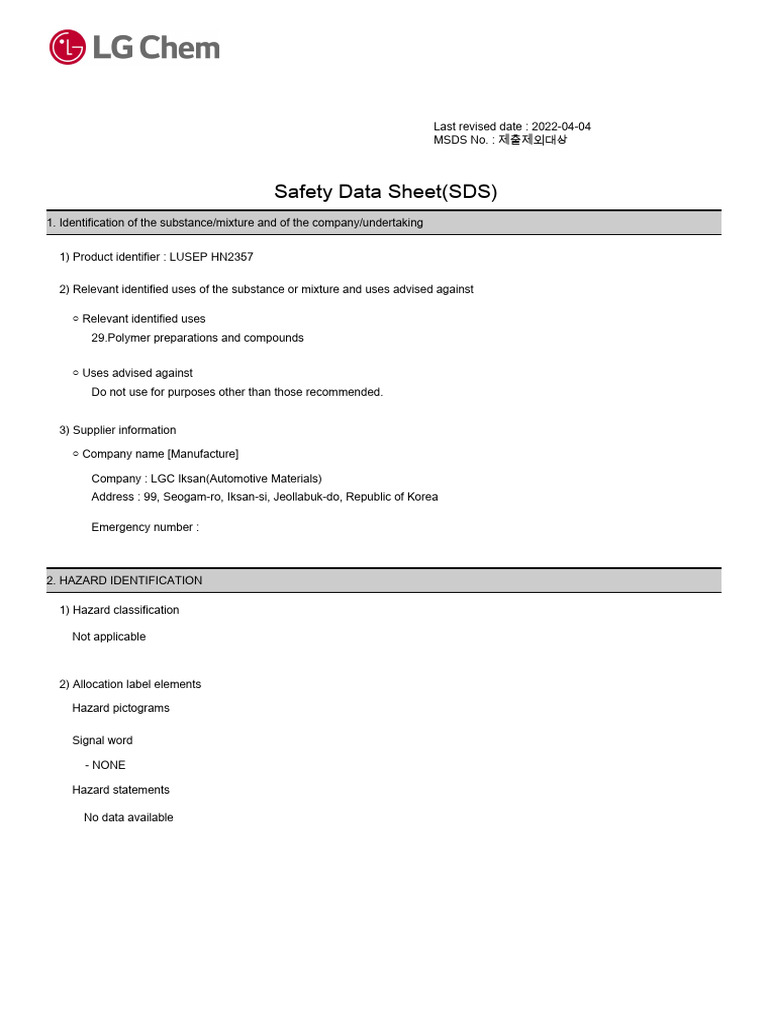MSDS RESIN PPA LG화학 - LUSEP HN2357 - ENG | PDF | Personal Protective Equipment | Waste