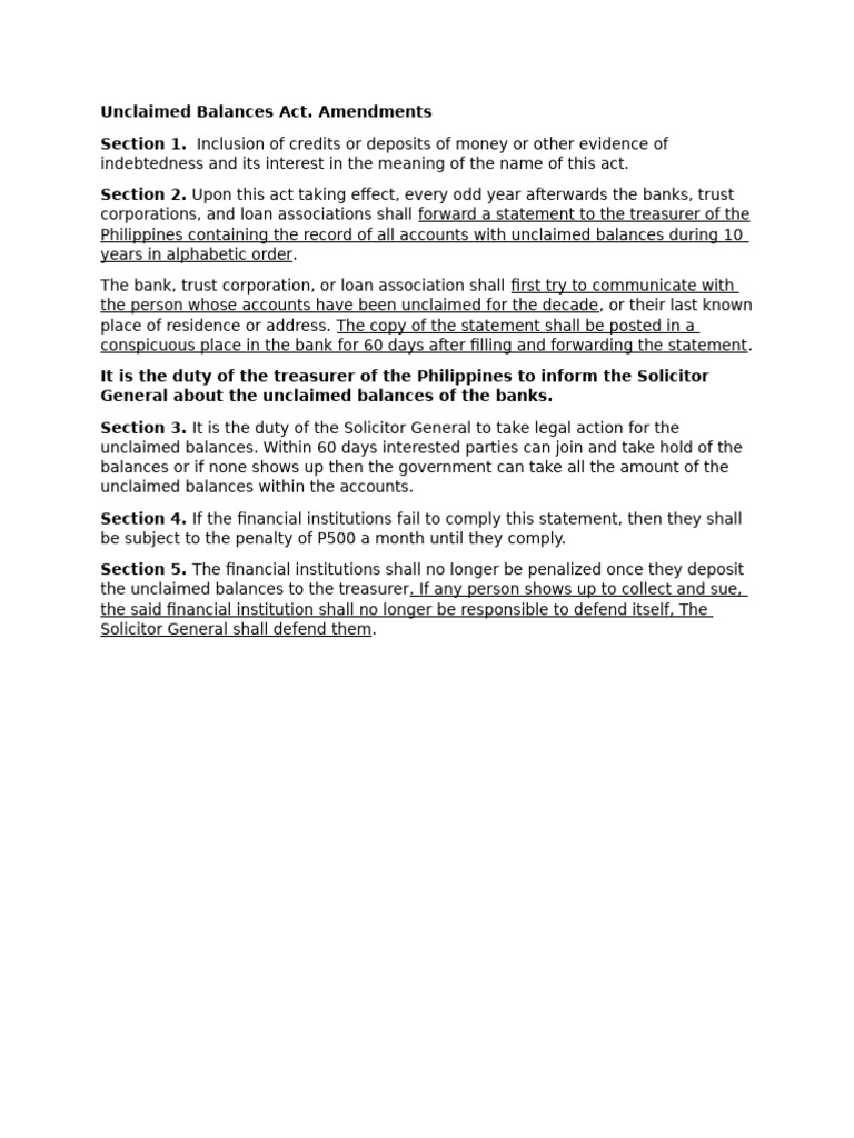 Notes On Unclaimed Balances Act | PDF
