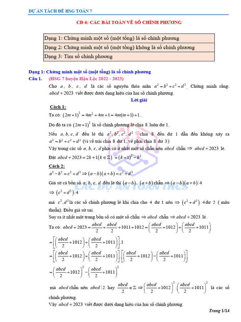 Bai Toan So Chinh Phuong Trong Cac de Thi Hoc Sinh Gioi Toan 7 | PDF