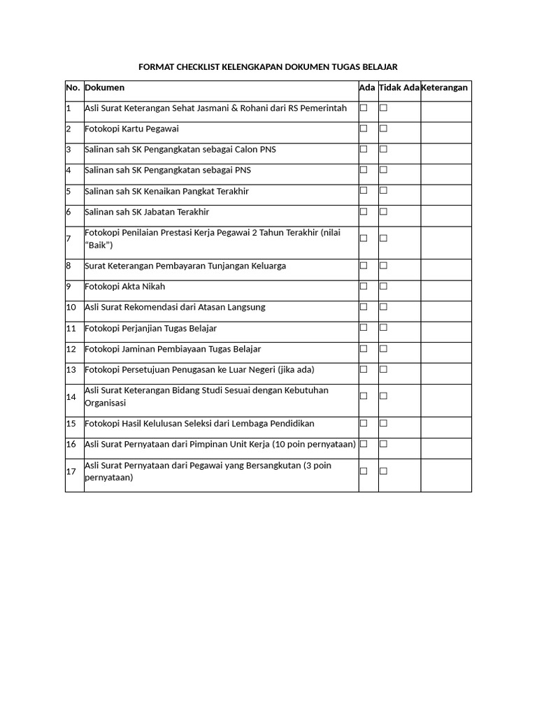 Format Checklist Kelengkapan Dokumen Tugas Belajar | PDF