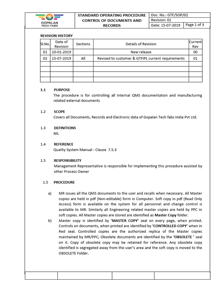 Sop - 02 - Control of Documents and Records - Rev01 | PDF | Specification (Technical Standard ...
