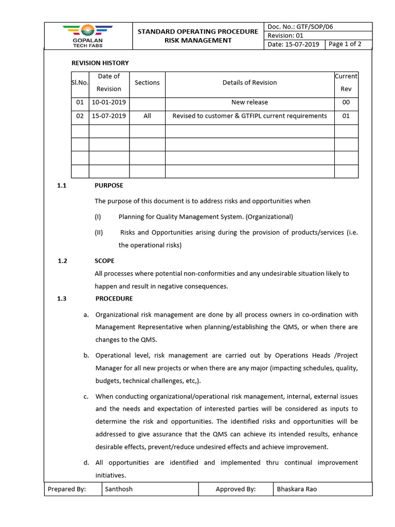 Sop 06-Risk Management Rev01 | PDF | Risk | Quality Management System