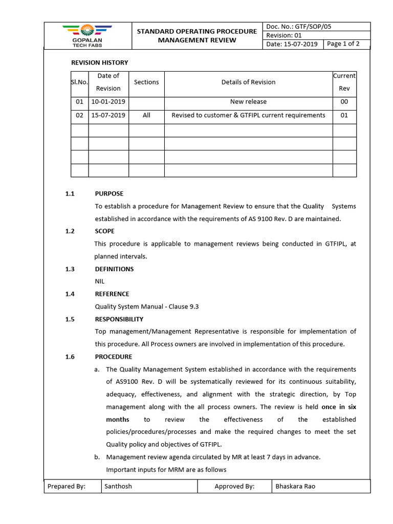 Sop 05-Management Review Procedure Rev01 | PDF | Quality Management ...