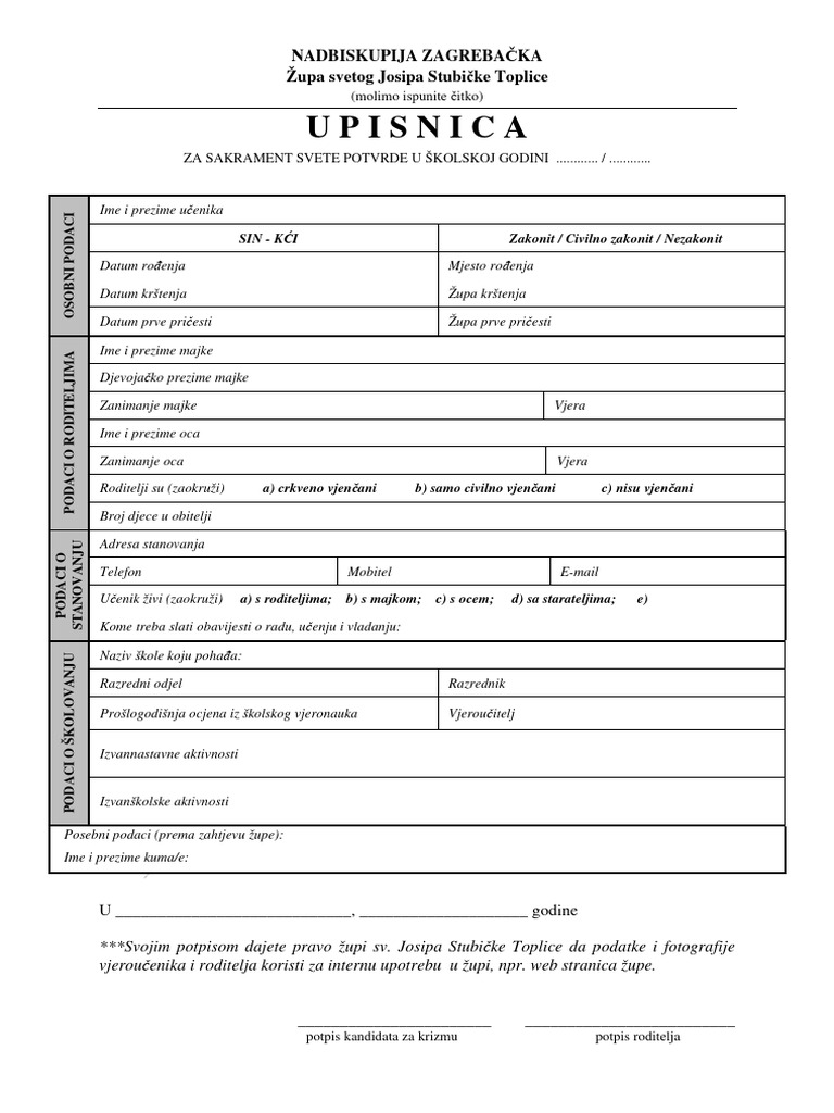 Upisnica Za Krizmu | PDF