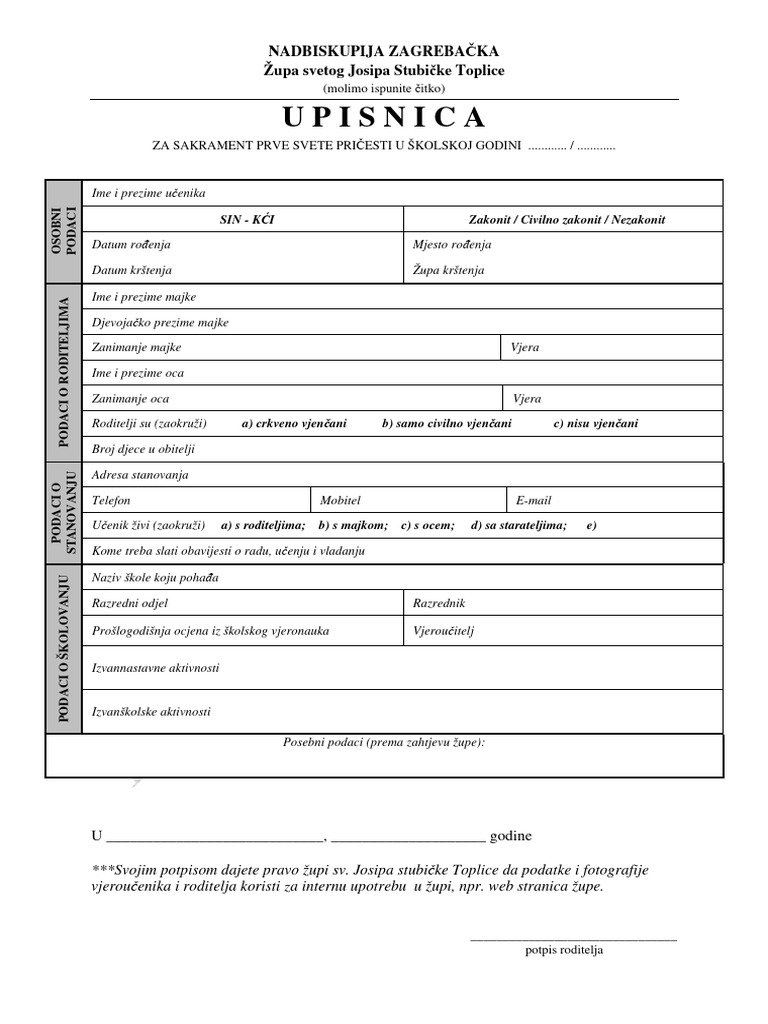 Upisnica Za Pričest | PDF