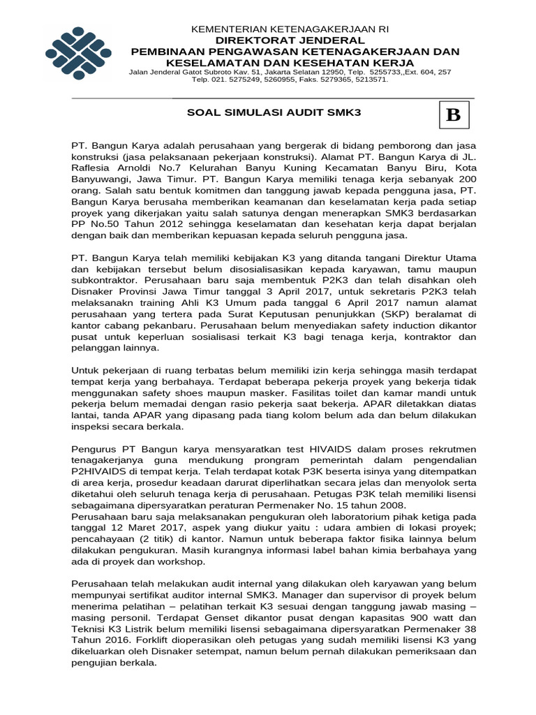 Soal Simulasi Audit SMK3 B New | PDF