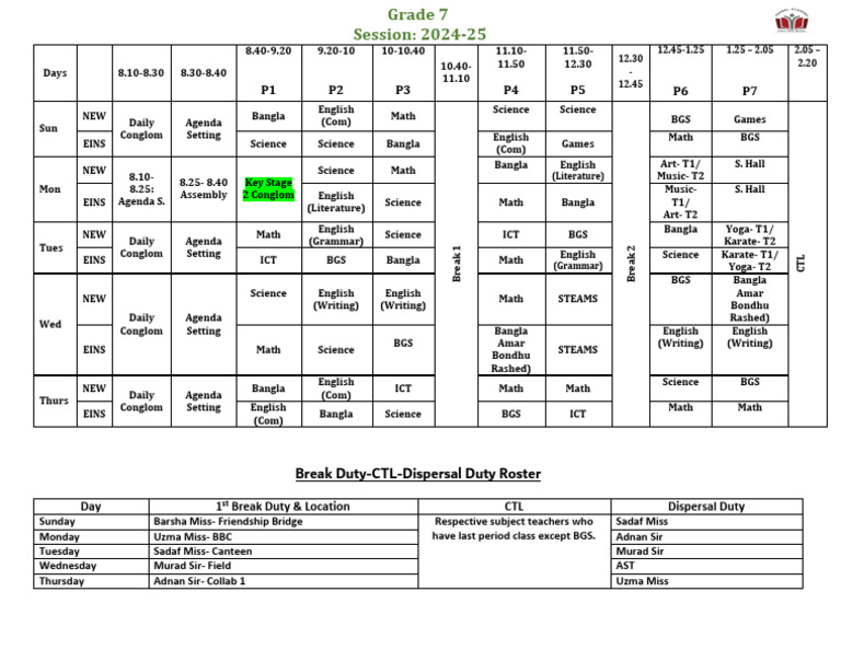 P1 P2 P3 P4 P5 P6 P7: Break Duty-CTL-Dispersal Duty Roster | PDF