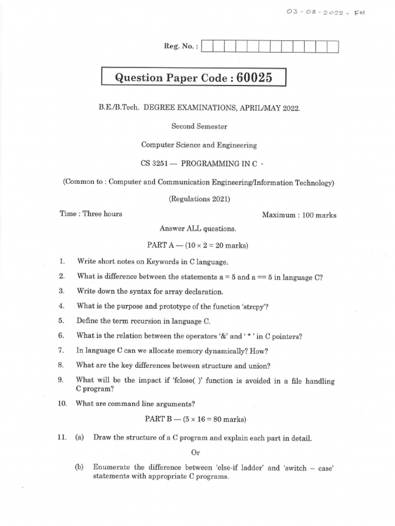 Programming in C - CS3251 2021 Regulation - Semester Question Paper 2022 April May | PDF ...