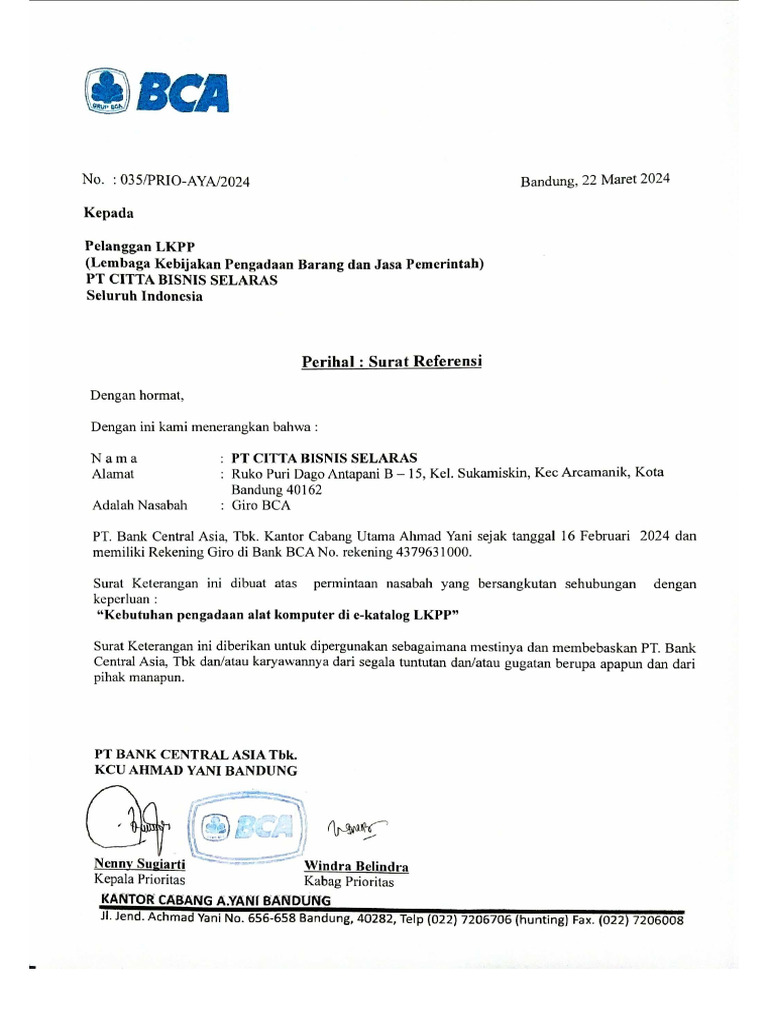Surat Referensi Bank Bca Pt. Cbs | PDF