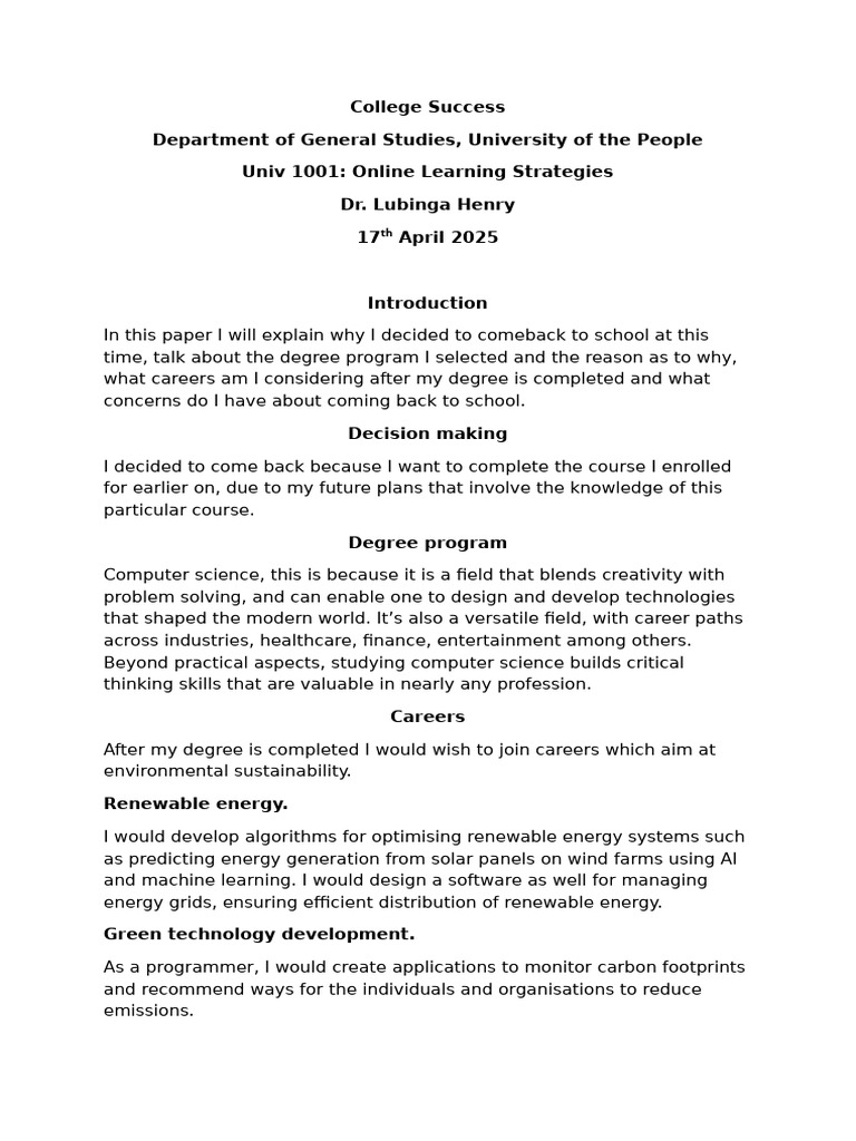 College Success Department of General Studies, University of The People ...
