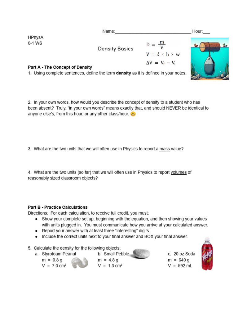 HPhysA 0-1 WS Density Basics | PDF | Density | Volume