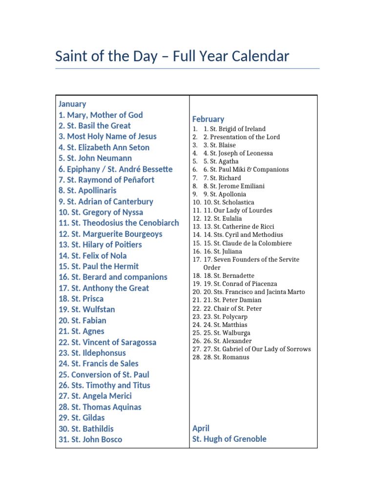 2018 Catholic Saints Calendar | PDF | Christian Saints | Catholic Church