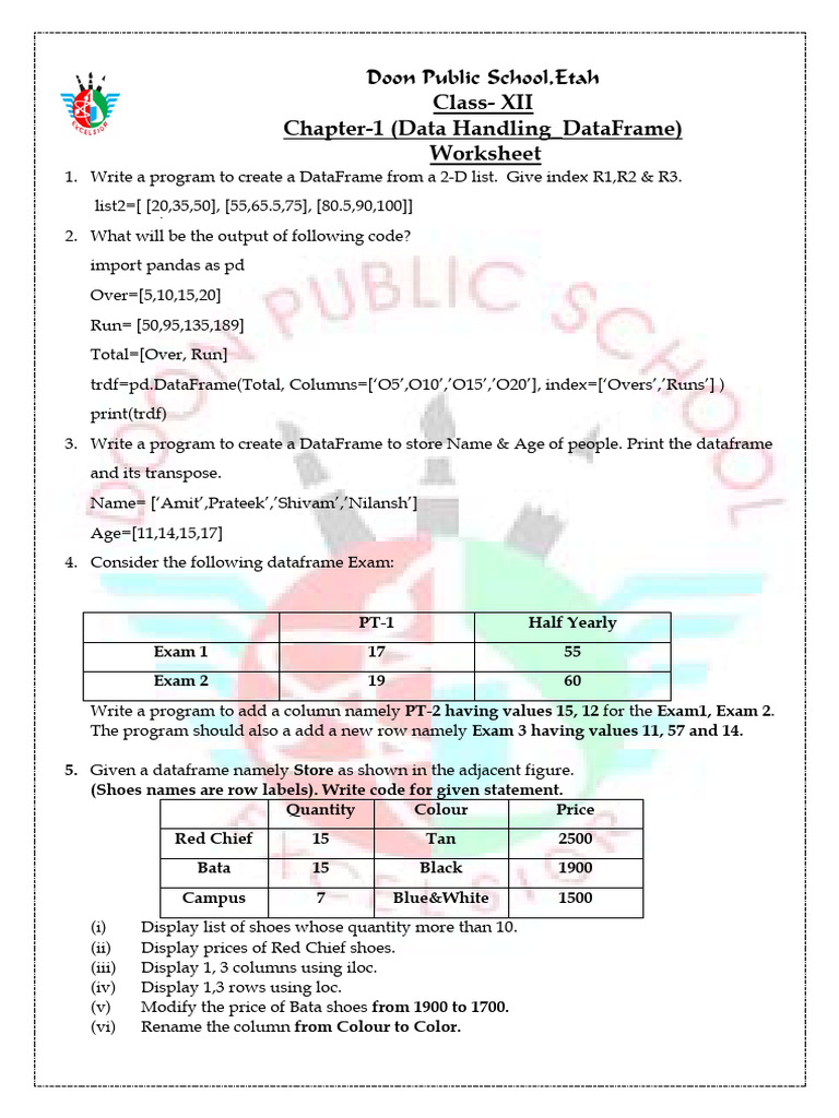Class 12 (Unit 1 CH 1 Data Handling - DataFrame 3) | PDF